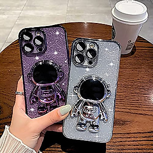 MANLENO Electroplated for iPhone 14 Pro Max Case for Women Girls Astronaut Hidden Stand Case with Camera Protection Foldable Astronaut Kickstand Phone Case Glitter Soft Protective Case (Deep Purple)