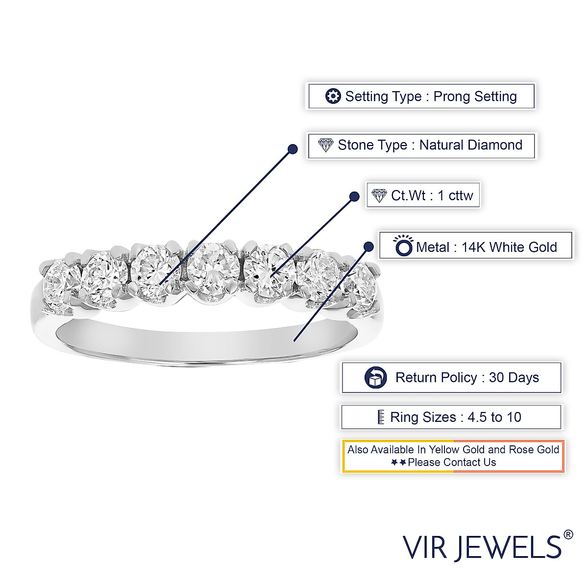 Vir Jewels 1 cttw Diamond Wedding Band 14K White Gold 7 Stones Prong Set Round Bridal Ring Size 7