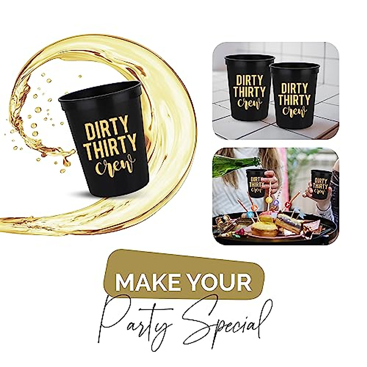 Dirty Thirty Crew 30th Birthday Party Cups and 1"Talk Thirty to Me" Button, Set of 12, 16oz Black and Gold 30th Birthday Stadium Cups, Perfect for Birthday Parties,Birthday Decorations (Regular)