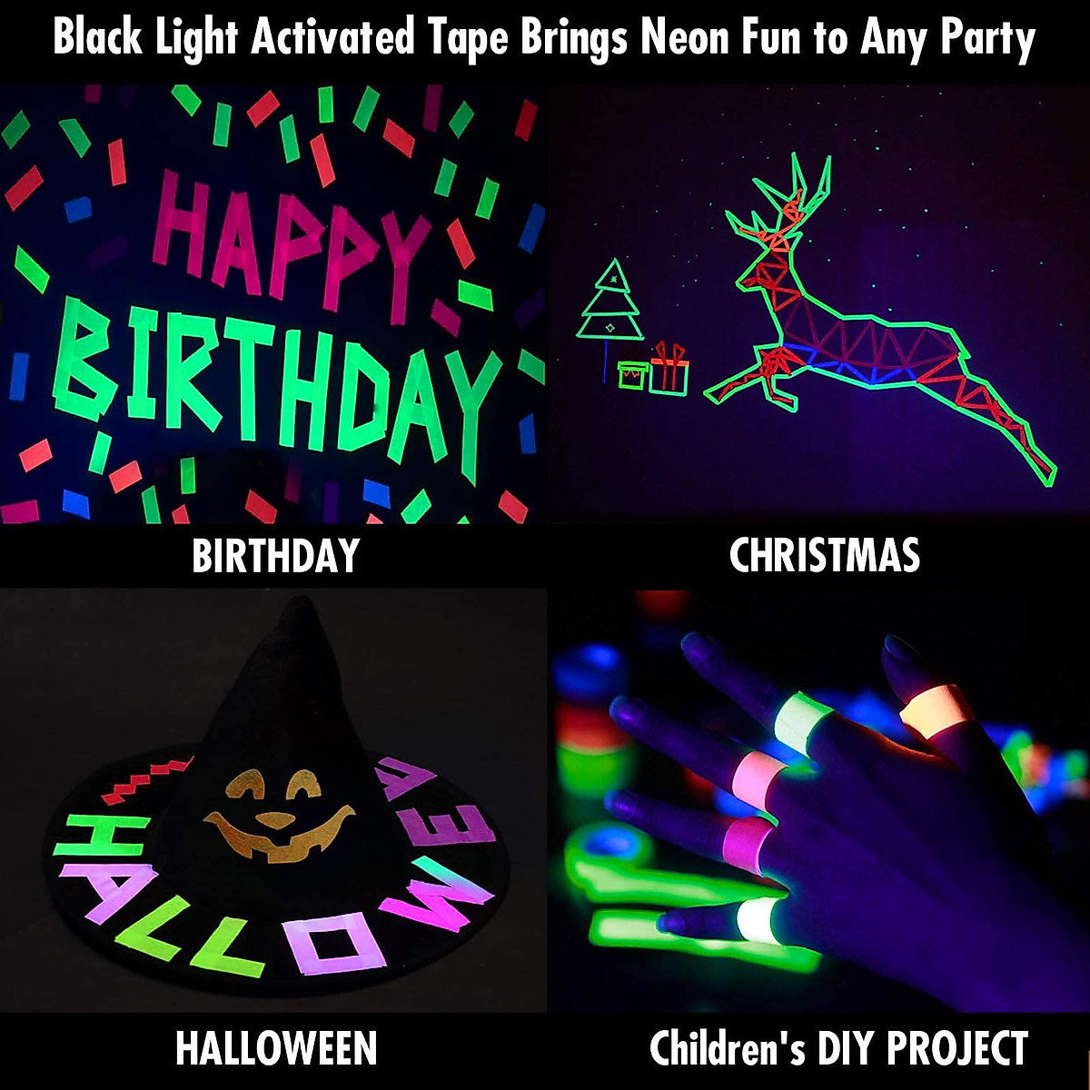 Whaline 6 Colors Neon Gaffer Cloth Tape, Fluorescent UV Blacklight Glow in The Dark Tape for UV Party (0.6 inch x 16.5 feet)