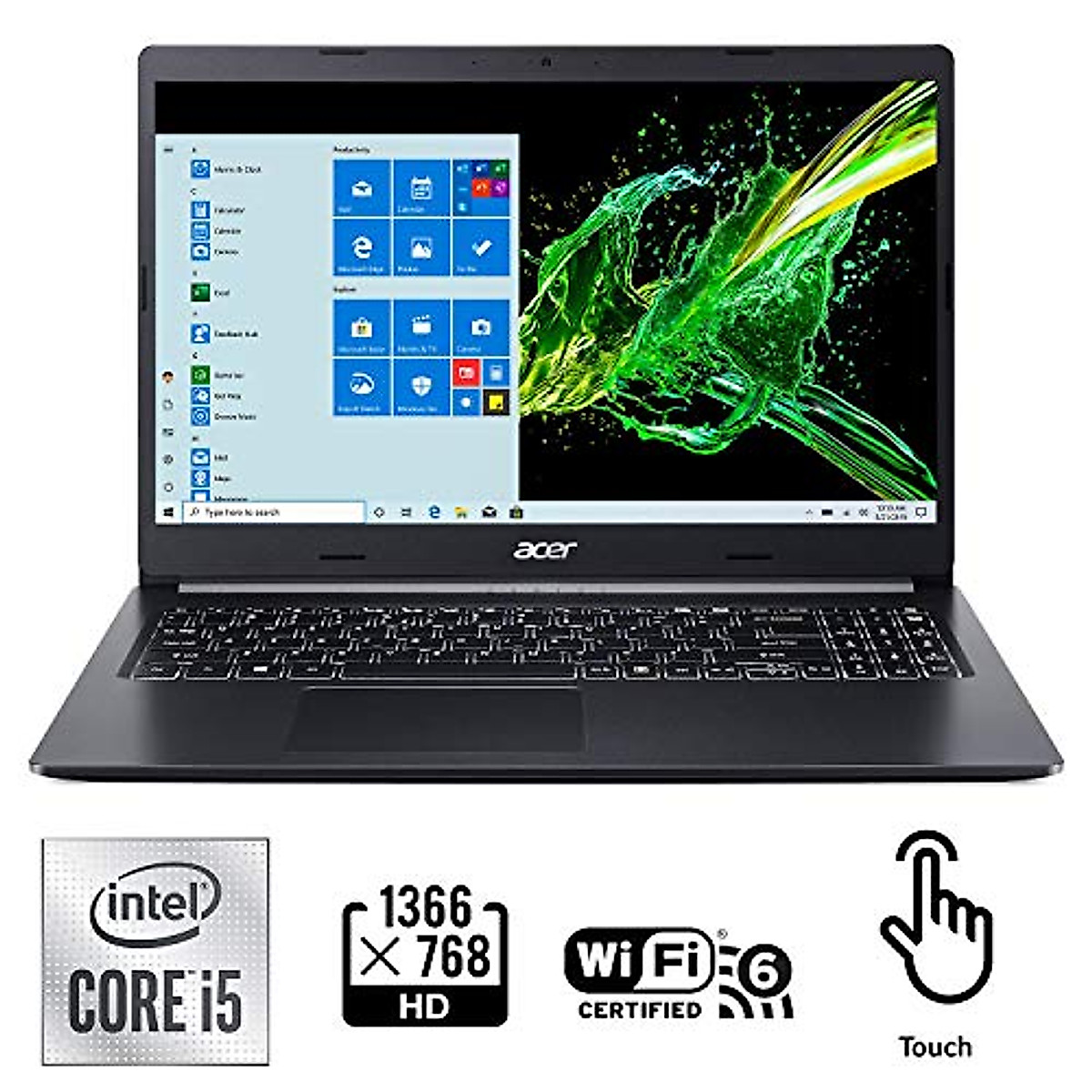 Acer Aspire 5 A515-55T-53AP, 15.6" HD Touch Display, 10th Gen Intel Core i5-1035G1, 8GB DDR4, 256GB NVMe SSD, WiFi 6, HD Webcam, Backlit Keyboard, Windows 10 Home