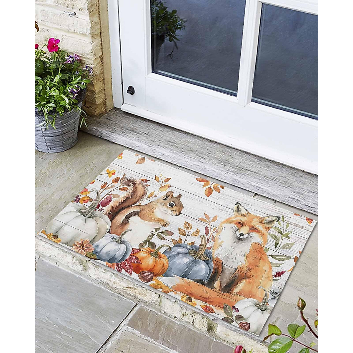 Fall Front Door Mat Outside Entrance, Thanksgiving Day Outdoor Indoor Low Profile Door Mats for Entryway, Funny Autumn Maple Leaves Pumpkin Squirrel Fox Welcome Mat Entry Doormats