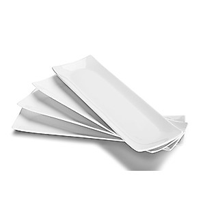DOWAN 14" Sushi Plate Set of 4 - Long Rectangle Plates and Cracker Trays for Serving - White Ceramic Platters for Party and Entertaining - Dishwasher & Oven Safe