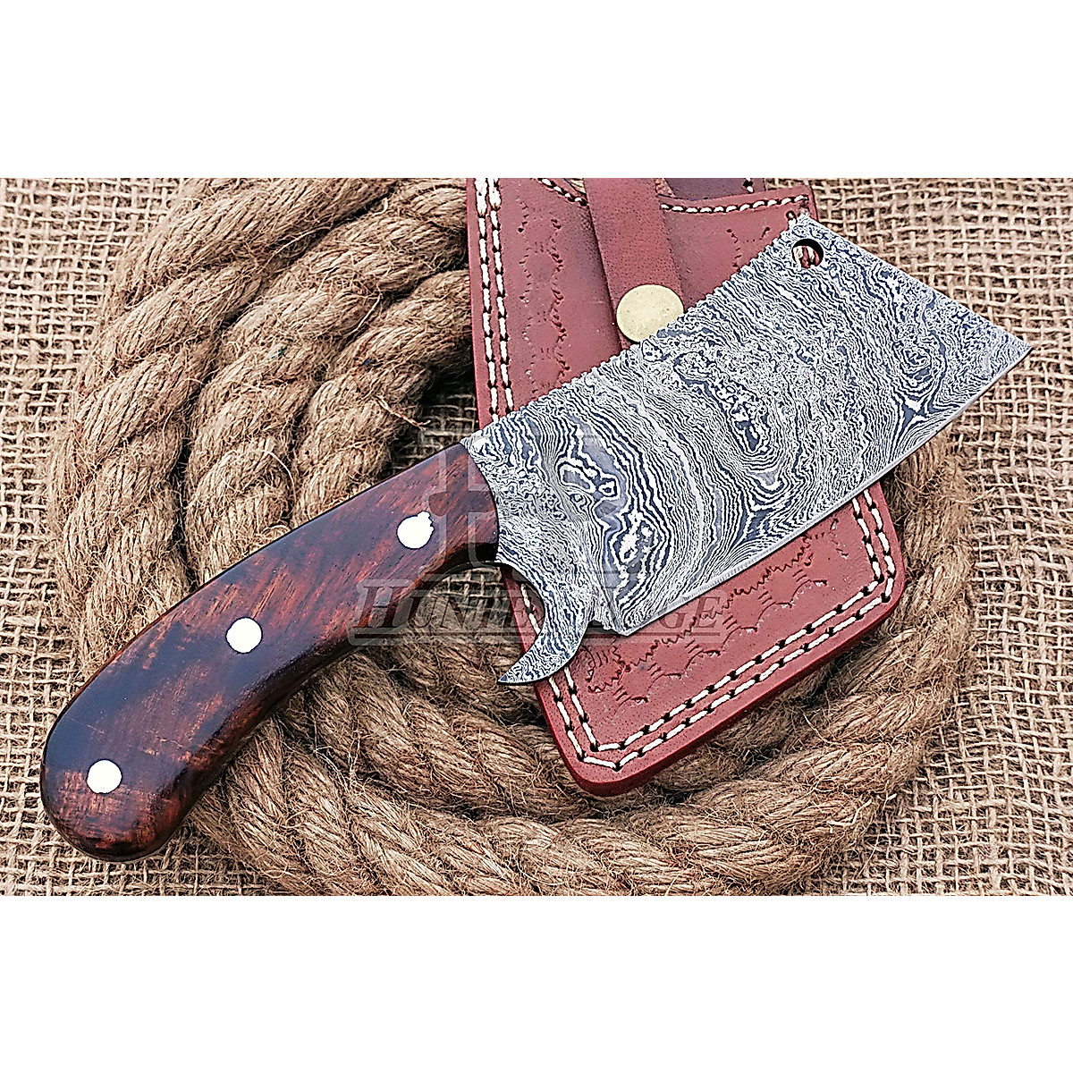 HUNTEX Handmade Hand-Forged Twist Pattern Damascus Steel 9 Inch Long Full Tang Walnut Wood Handle Razor Sharp Hunting Camping Cleaver Knife w/Genuine Leather Sheath
