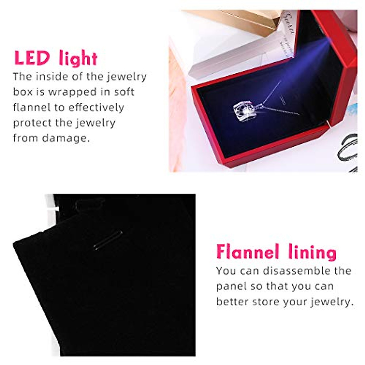 iSuperb LED Pendant Necklace Box Bracelet Box Couple Jewelry Gift Boxes Case Small Jewelry Display for Proposal Engagement Wedding Valentine's Day (Pink)