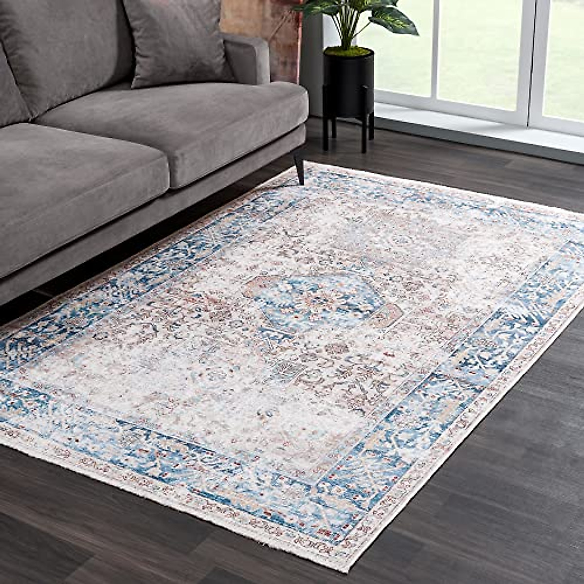 Bloom Rugs Caria Washable Non-Slip 3x5 Rug - Beige/Ocean Blue Traditional Area Rug for Living Room, Bedroom, Dining Room, and Kitchen - Exact Size: 3' x 5'