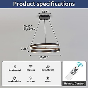 SHIKHO Modern LED Pendant Light Fixture Remote Control Dimmable 3000-6000K Black Chandelier Adjustable Hanging Light for Living Room Dining Room Kitchen Island Bedroom Foyer