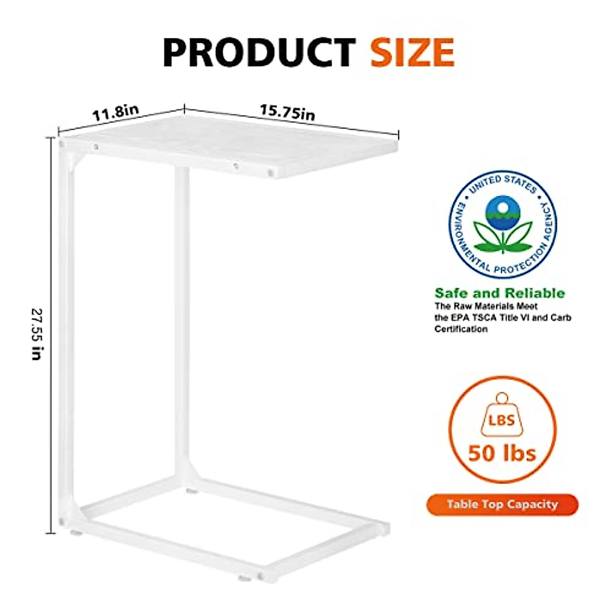 C Shaped End Table Set of 2, Snack Side Table, C Tables for Couch, Couch Tables That Slide Under, for Living Room, Bedroom, White
