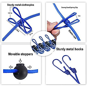 Vshinic Portable Clothesline with 12 Clothespins,Travel Retractable Clothesline,Wind-Proof Clothes Drying Line for Camping Hotel Indoor & Outdoor Blue