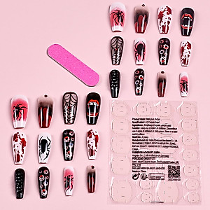 Halloween Press on Nails Medium Coffin Fake Nails Spider Eyeball Halloween Nails Press on Bloodstain Spider Web Acrylic Full Cover False Nails with Designs Gloosy Glue on Nails for Women&Girls 24PCS