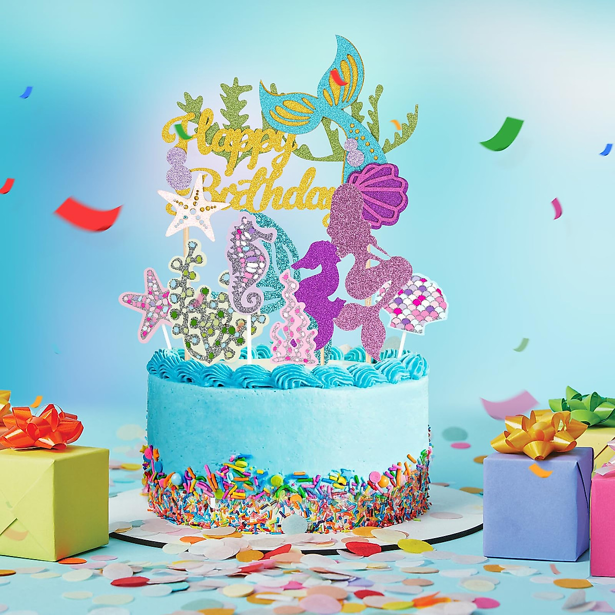 Wootkey 36 pcs Glitter Mermaid Cupcake Toppers Mermaid Cake Topper Under the Sea Beach Mermaid Tail Cake Decoration Birthday Party Supplies for Baby Shower Children's Day