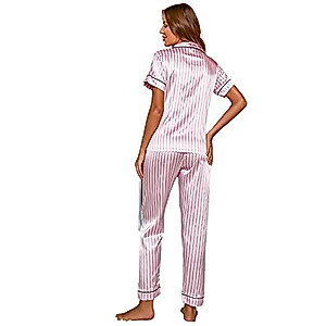 Floerns Women's Printed Two Piece Short Sleeve Sleepwear Long Pants Pajamas Sets Pink White Striped M
