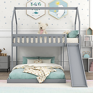 TARTOP Twin Over Full House Bunk Bed with Slide, Wood Floor Bunk Bed with Built-in Ladder, Full-Length Guardrail, for Kids Girls Boys,Gray