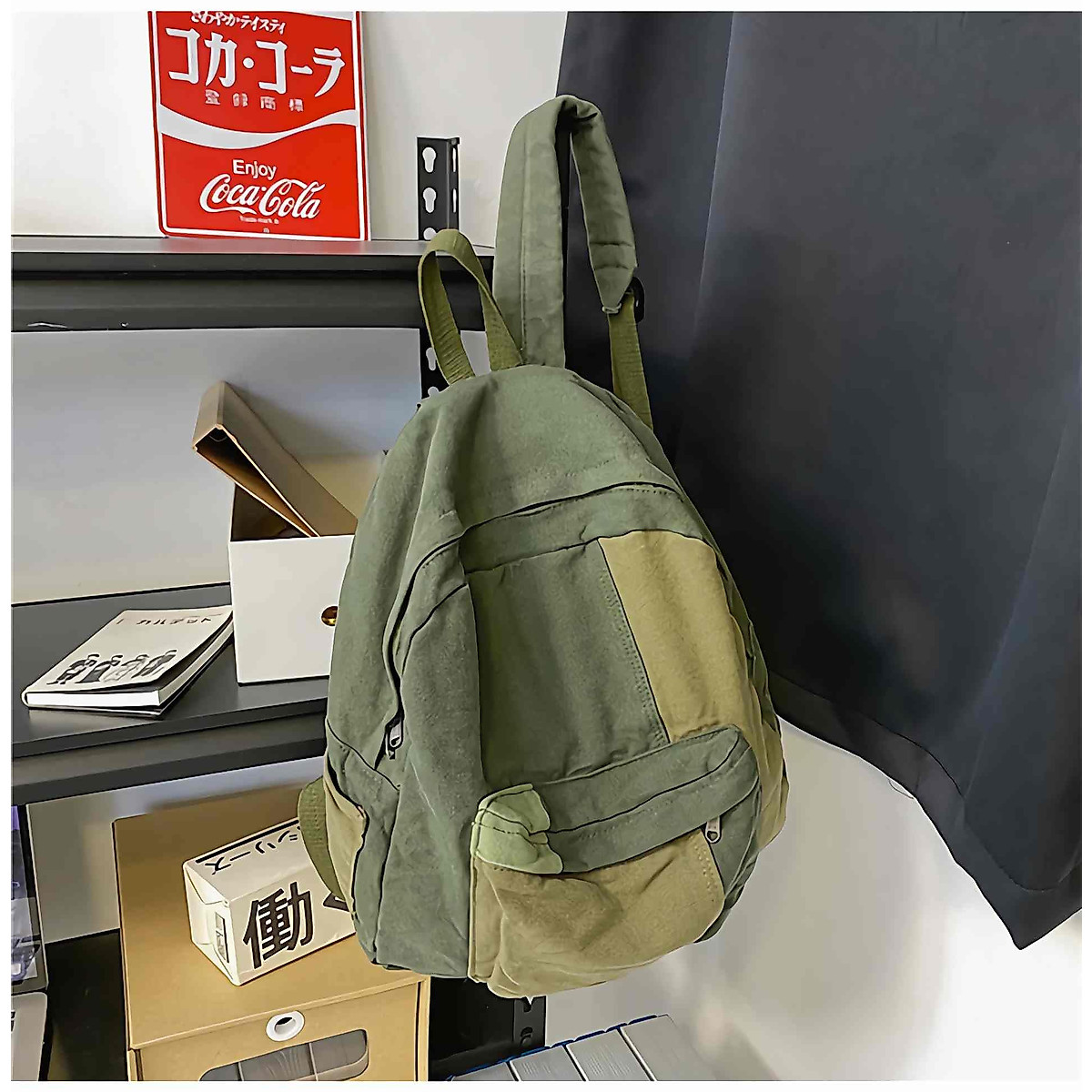Lefe Liee vintage aesthetic canvas backpack for women men, hippie green small rucksack boho grunge bags, hemp lightweight day pack, casual daypack sage green japanese high y2k backpack