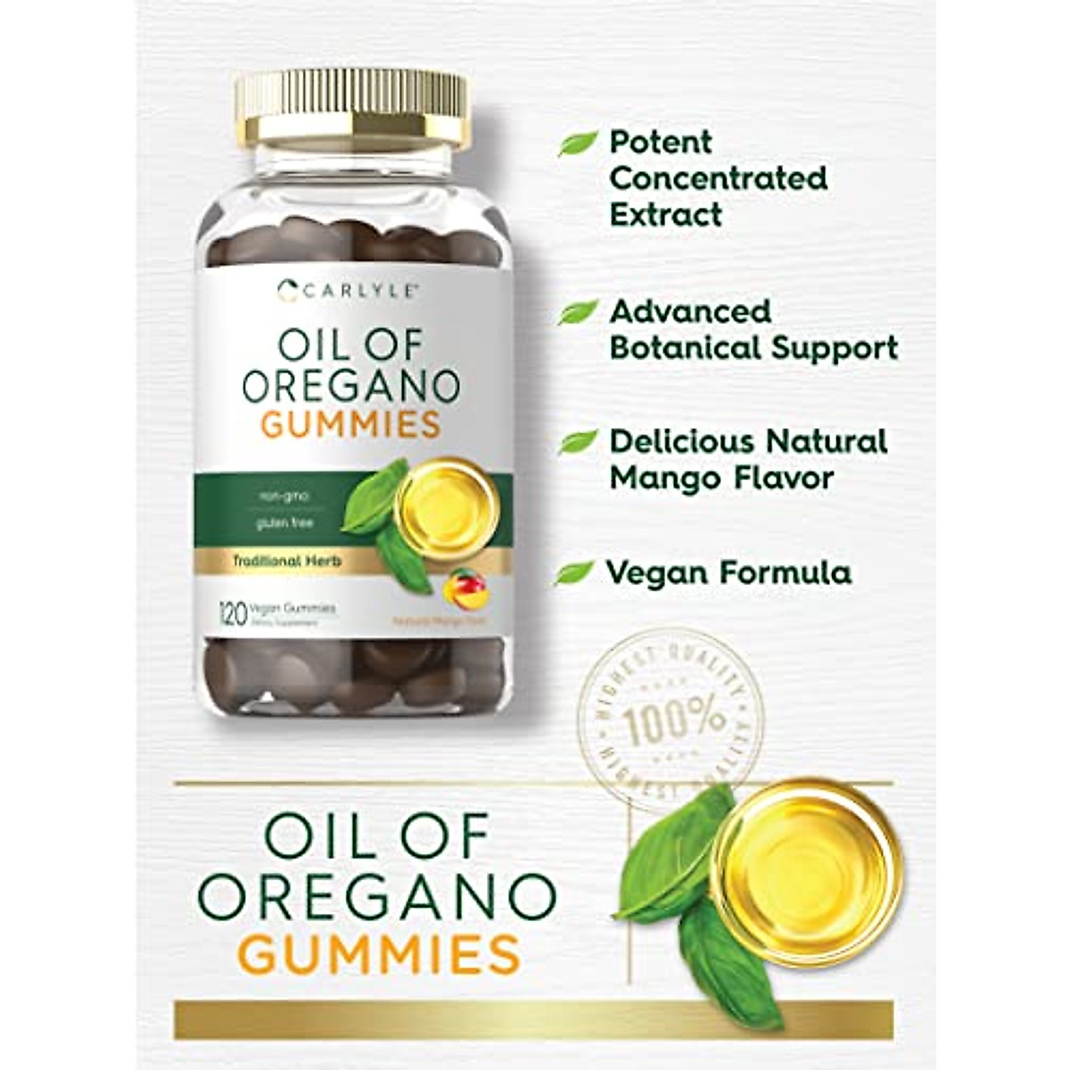 Carlyle Oregano Oil Gummies | 3000mg | 120 Count | Natural Mango Flavor | Vegan, Non-GMO, and Gluten Free Extract Formula | Traditional Herb Supplement