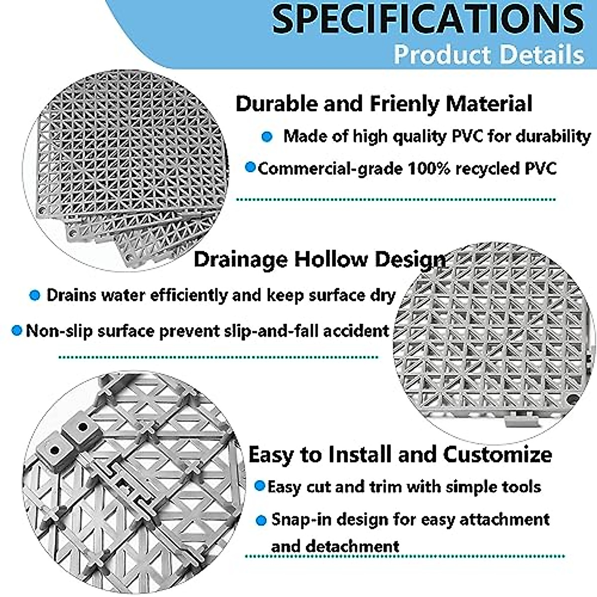 12” x 12” Drainage Interlocking Floor Tiles, 12 Pack Non-Slip Pool Deck Drain Tiles for Flooring, Soft PVC Splicing Modular Cushion Mats, Rubber Floor Tiles with Holes for Shower Basement Garage Shed
