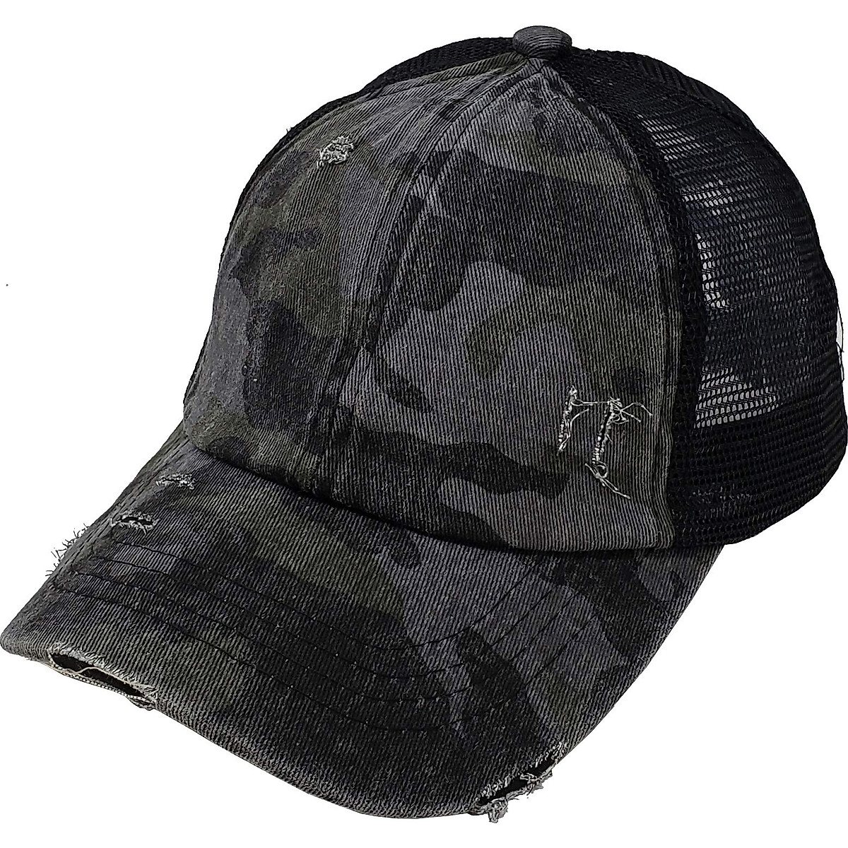 Funky Junque Ponytail Messy Bun Trucker Ponycap: Jet Black CAMO w/Black Criss Cross Back