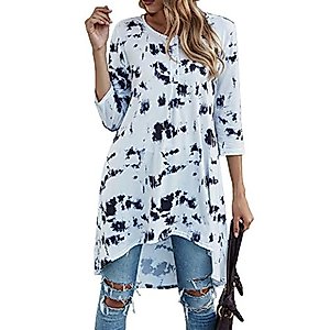 Naggoo Womens 3/4 Sleeve Hi Low V neck Long Blouses Tie Dye Print Loose Tunic Tops Shirts, Black White, XX-Large