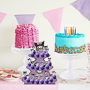 Kawaii Cartoon Birthday Decorations, Purple Cupcake Stand Party Supplies, 3 Tier Paper Cupcake Holder, Dessert Display Stand for Kids Birthday Party Decoration