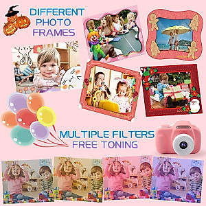 Kids Camera for Girls Age 3-9, Cameras with Flash Toy Gifts for Christmas Birthday, Selfie Video Digital Camera with Cartoon Stickers for Preschool Children 3 4 5 6 7 8 9 Years Old (Pink)