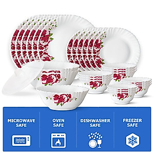 Borosil Gourmet Dinnerware Set For 6, 35 Pieces, White Dinner Plates and Bowls , Chip Resistant Tempered Opal Glass, Stain Resistant, Dishwasher & Microwave Safe Dinner Set For Gifting, Serves 6