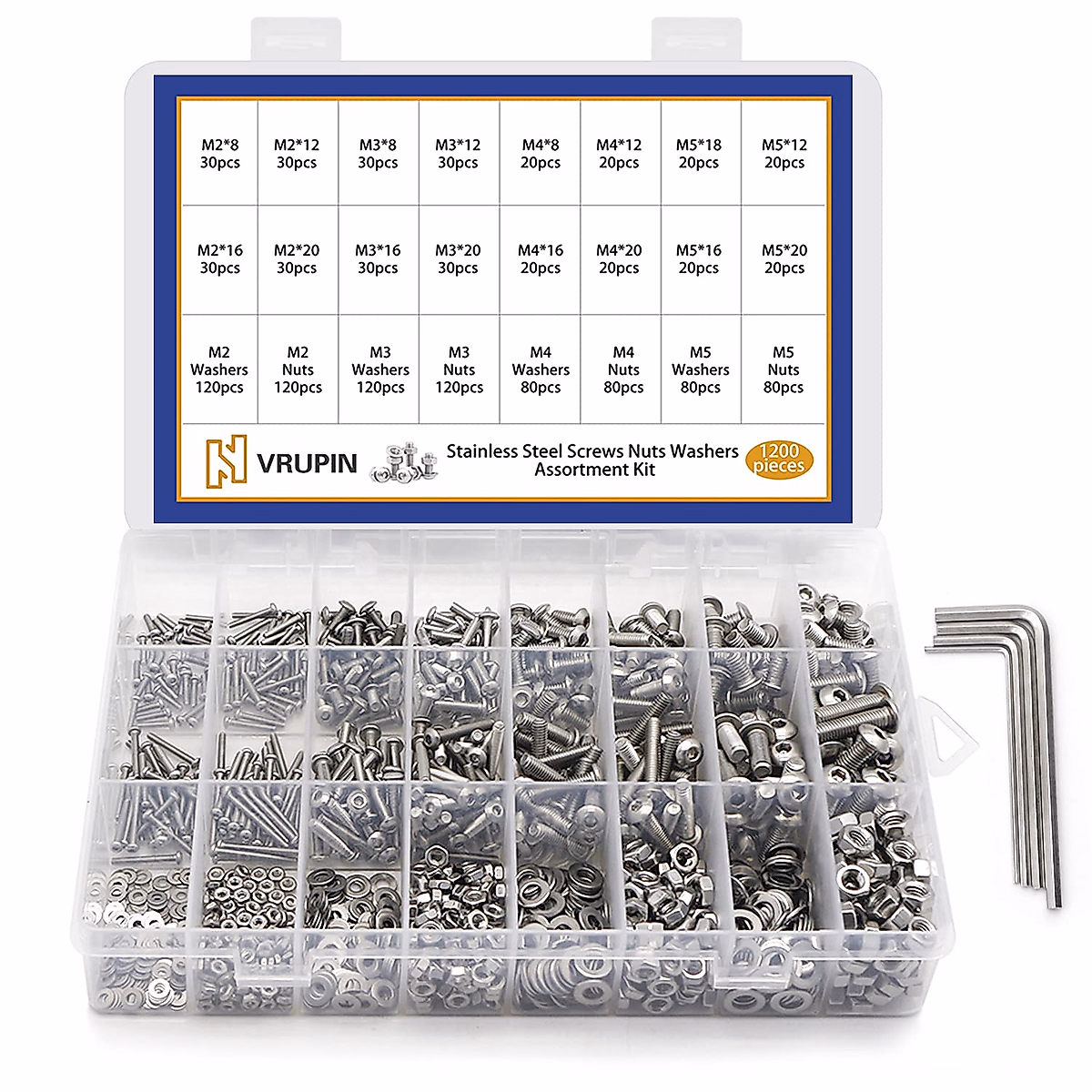 1200 PCS Nuts and Bolts Assortment Kit, Metric M2 M3 M4 M5 Machine Screws, Stainless Steel 304 Hex Socket Head Cap Bolts and Nuts Kit.