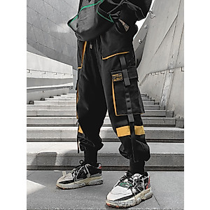 Ambcol Men's Jogger Pants Techwear Hip Hop Harem Pants Streetwear Tactical Track Pants with Drawstring Black-Yellow Medium