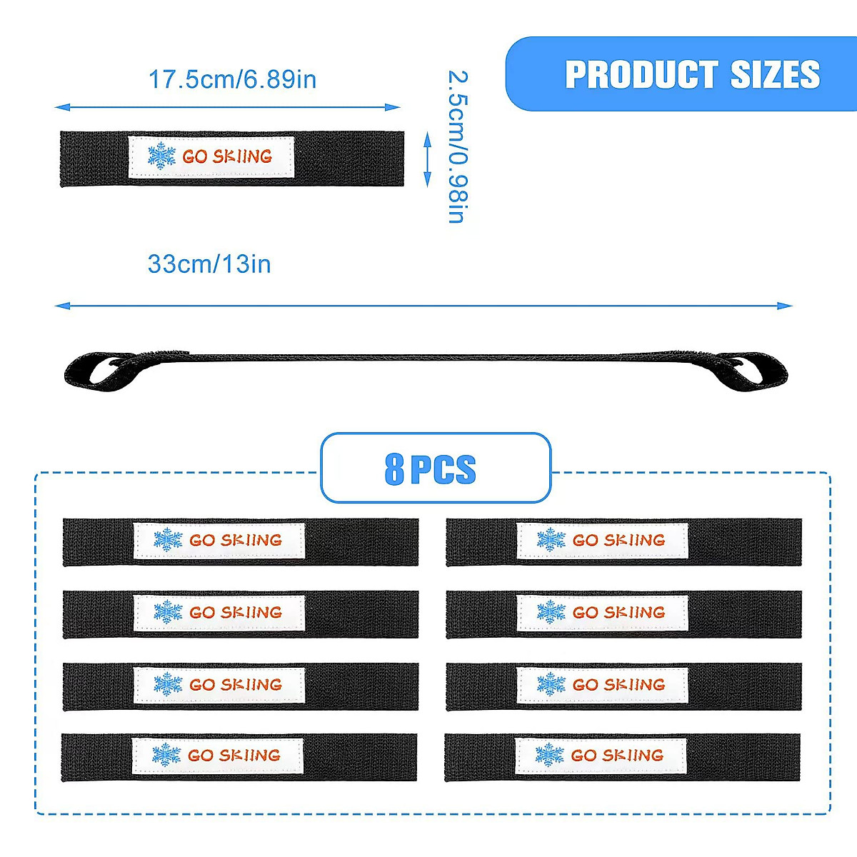 Vecacosic 8 Pcs Ski Brake Retainer Strap - Non-Breakable Universal Black Polypropylene Ski Brake Retainer Bands with Hook and Loop, Snowboard Brake Retainers for Sports Outdoor, Easy to Use (8 PCS)