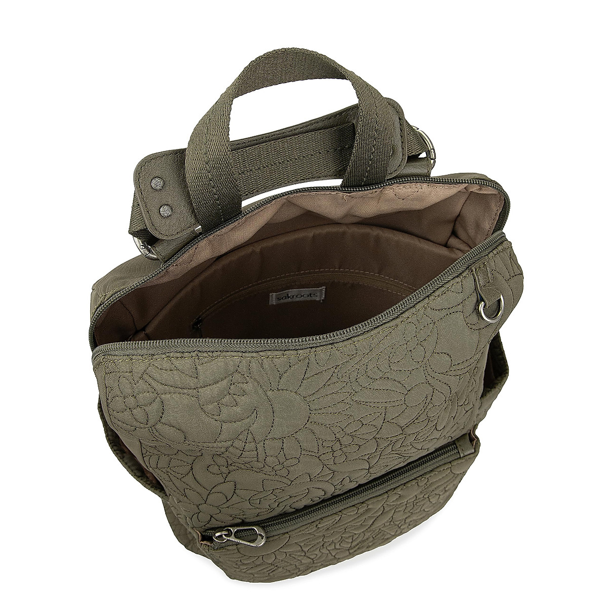 Sakroots Loyola Convertible Backpack in Eco Twill, Adjustable Strap, Olive Spirit Desert Quilted