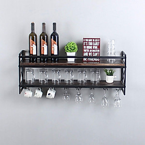 MBQQ Wine Rack Stemware Glass Rack,Industrial 2-Tier Wood Shelf,36" Wall Mounted Wine Racks with 8 Stem Glass Holder for Wine Glasses,Mugs,Home Decor,Retro Black