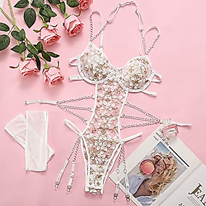 Sexy Plus Size Panties, Lingerie For Women Naughty Bra Teddy Lingerie Hot Women's Lingerie Mesh Lace Embroidered Lingerie One-Piece Set With Underwire Pajamas Lengerie Babydoll (S, White)