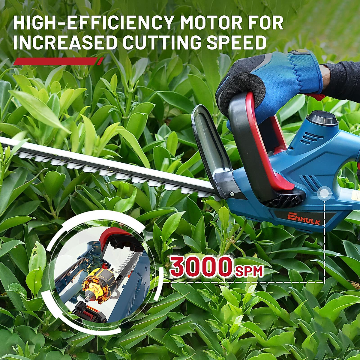 Enhulk Cordless Hedge Trimmer, Electric Bush Trimmer with 20" Dual-Action Blades, 5/8" Cutting Capacity, Handheld Shrub Trimmer for Garden Work, 20V 2.0Ah Battery and Charger Included