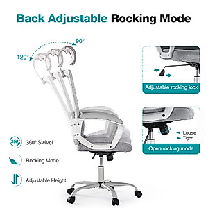 OLIXIS Ergonomic Home Office Computer Desk Mesh High Back Adjustable Height Executive Task Chair with Lumbar Support, Headrest, Padded Armrest, 360° Swivel Rocking Function, Grey