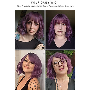 Rose bud Wavy Bob Wig with Bangs Natural Ombre Purple Wig Synthetic Hair Shoulder Length Short Curly Wigs for Women