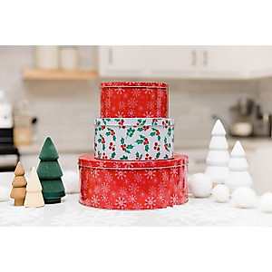 Steel Mill & Co Tin Containers with Lids, 3 Pack Christmas Cookie Tins, Festive Cookie Tins for Gift Giving & Holiday Treats, Round Metal Nesting Containers, Large Medium Small, Snowflake & Holly