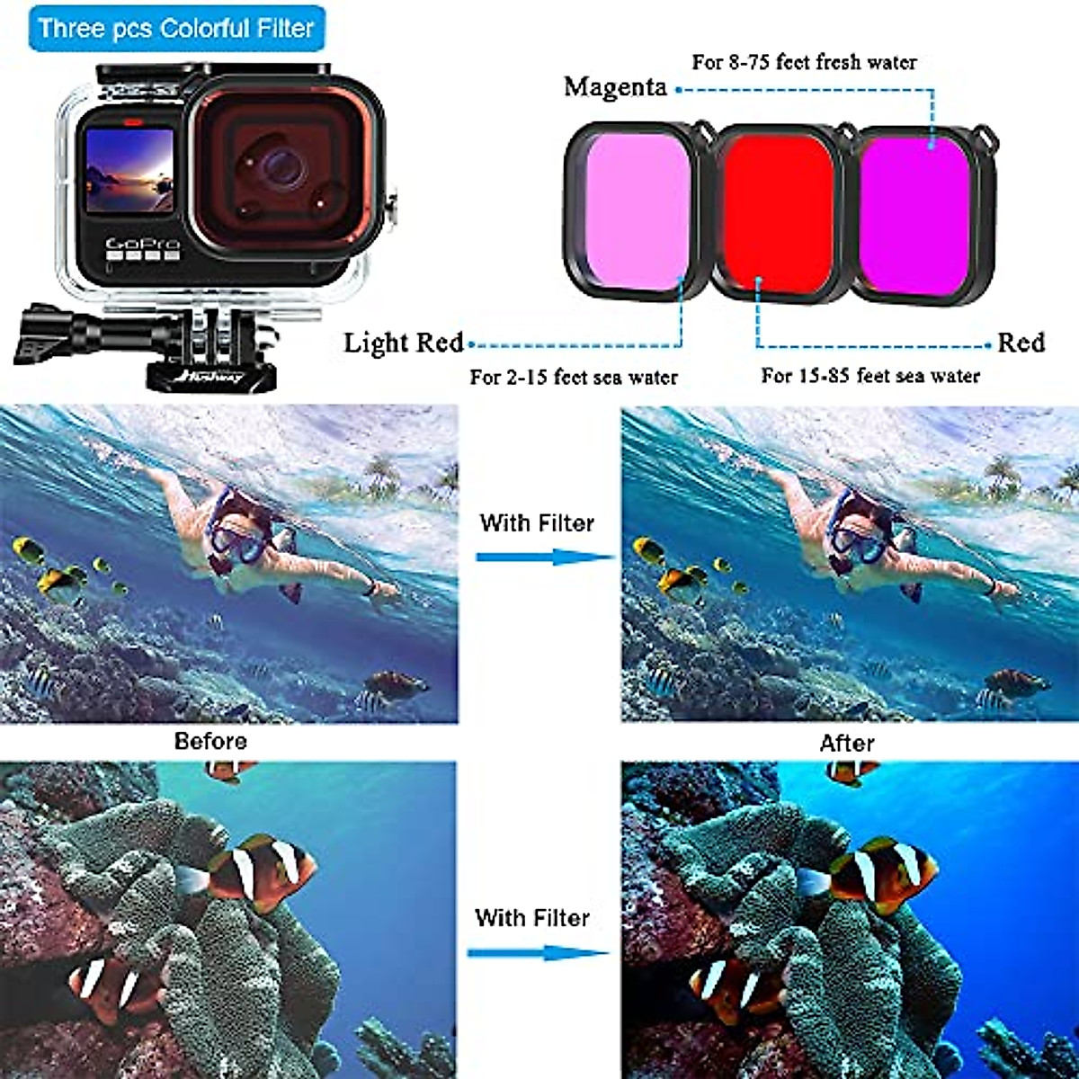 Husiway Accessories Kit for Gopro Hero 11 10 9 Black Waterproof Housing Silicone Case Glass Screen Protector Bundle for Go pro Gopro11 Gopro10 Gopro9 Hero10 Hero11 Hero9 Action Camera 62E