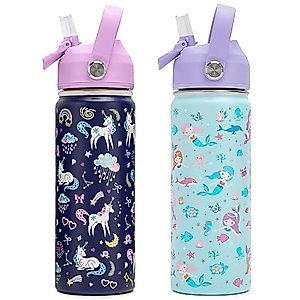ACESAK 18oz Kids Insulated Water Bottle with Straw Lid - 18/8 Stainless Steel Kid Cup Travel Tumbler Double Wall Vacuum Leak Proof Portable Toddler Water Bottle (Unicorn + Mermaid)