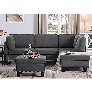 Flesser Small Sectional Sofa with Chaise Lounge Sofa and Convertible Ottoman L Shape Living Room Small Couches 3 Seat Sofa Couch for Home Office, Right Facing Couch in Dark Grey
