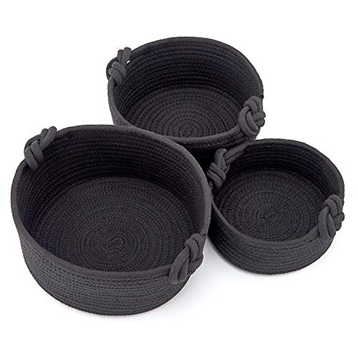 EZOWare Set of 3 Small Nursery Round Cotton Rope Knit Basket Cubes, Woven Storage Organizer Bins for Changing Table, Kids Baby Closets, Room Decor, Dog Cat Toys, Towels, Gift Baskets Empty - Black