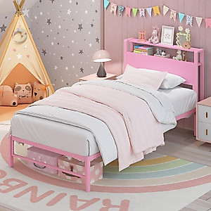Weehom Twin Bed Frames for Kids with 2 Tiers Wood Storage Shelves Headboard, Twin Size Bed No Box Spring Needed Under Bed Storage Space Metal Platform for Girls and Adults, Pink