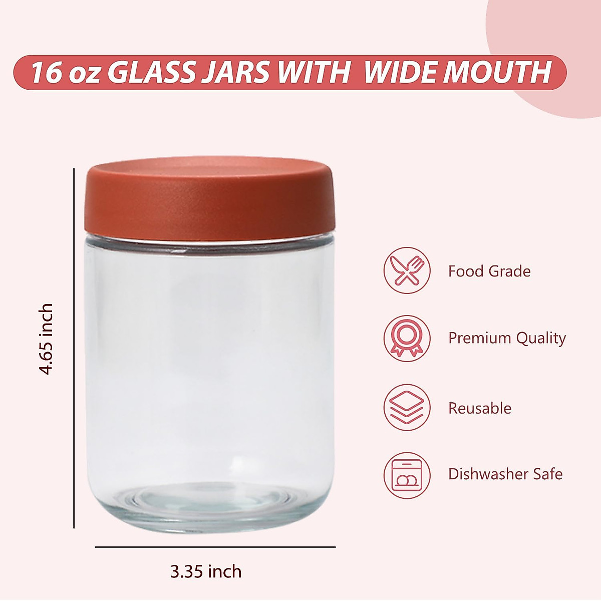 Artcochan 16 oz Glass Jars with Lids 6 Pack Glass Mason Jars with Airtight Lids, Prefect Overnight Oats Containers with lids for Snacks, Yogurt, Chia Pudding (6 Pack)