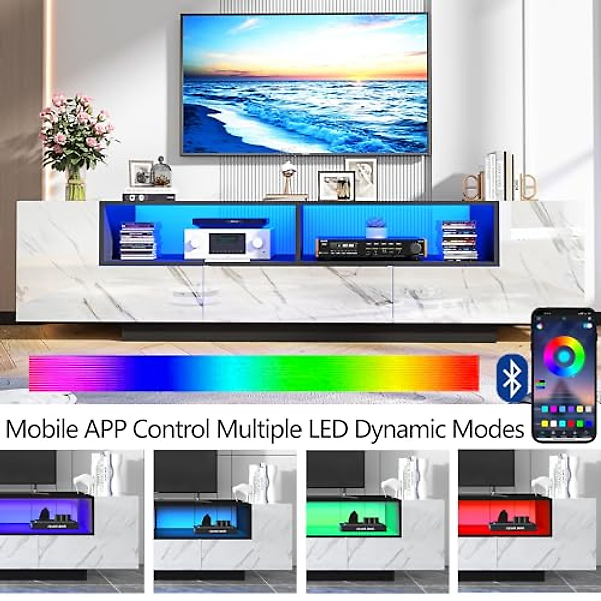 Uspeedy 70in White TV Stand for 75/80 inch TV,Modern LED TV Stand,High Gloss Entertainment Center with Large Storage Drawer,APP RGB Light,TV Console,Television Stands for Living Room(Marbling)
