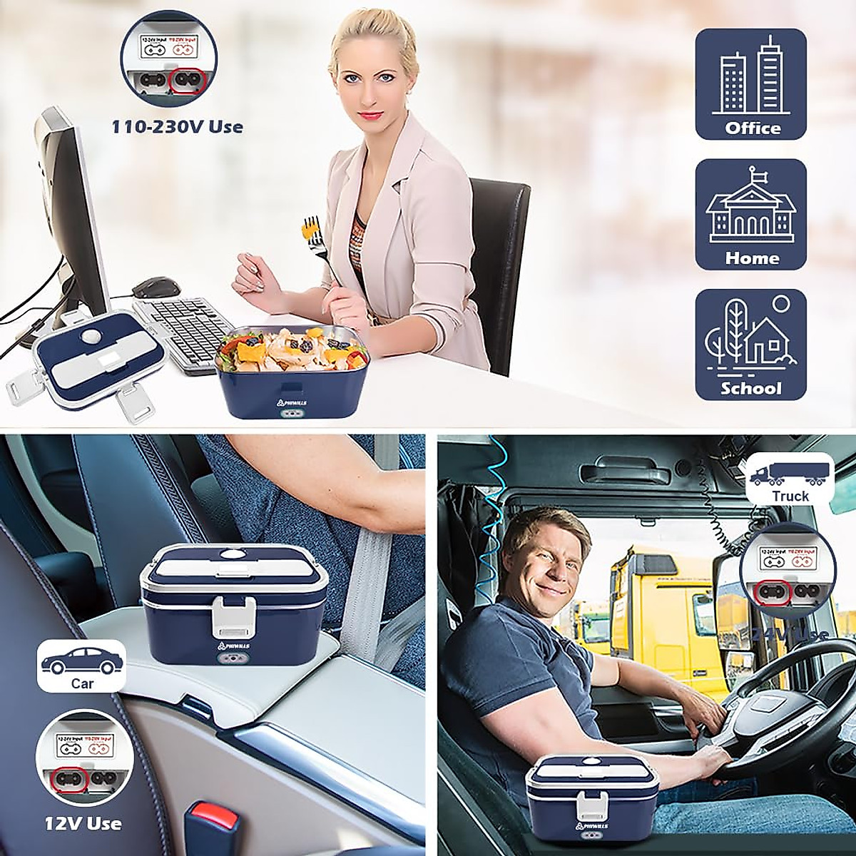 PHIWILLS 80W Electric Lunch Box 1.8L Container Food Warmer Heater, 12V/24V/110V Heated Lunchbox for Car/Truck/Work with 0.45L Compartment, Stainless Steel Spoon & Fork, Insulated Bag