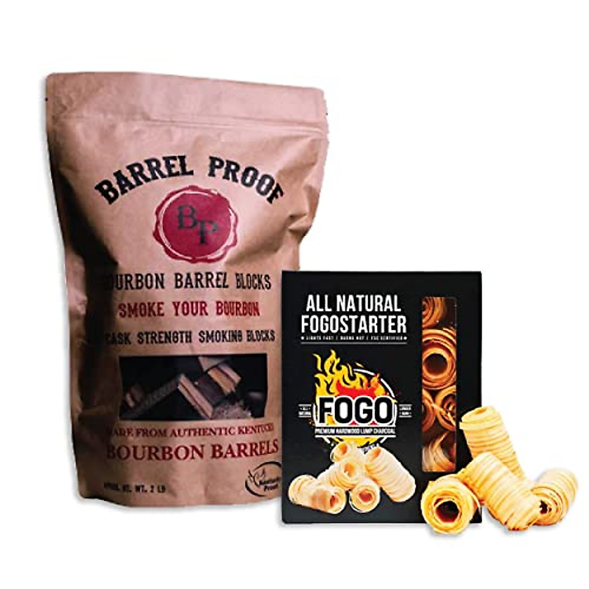 FOGO Fogostarters Natural Fire Starters, 30 Count Box and FOGO Barrel Proof Bourbon Barrel Blocks, Cask Strength Smoking Wood Chunks for Grilling, 2 Pound Resealable Bag, Bundle