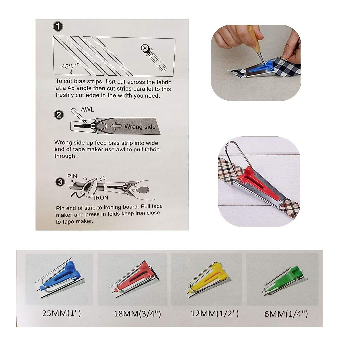 HONEYSEW Set of 15 Size Fabric Bias Tape Maker Tools Fabric Sewing Quilting Bias Binding Maker Come with 40 pcs of Multi-Color Quilting Pins Jelly Roll Sasher Tool Set