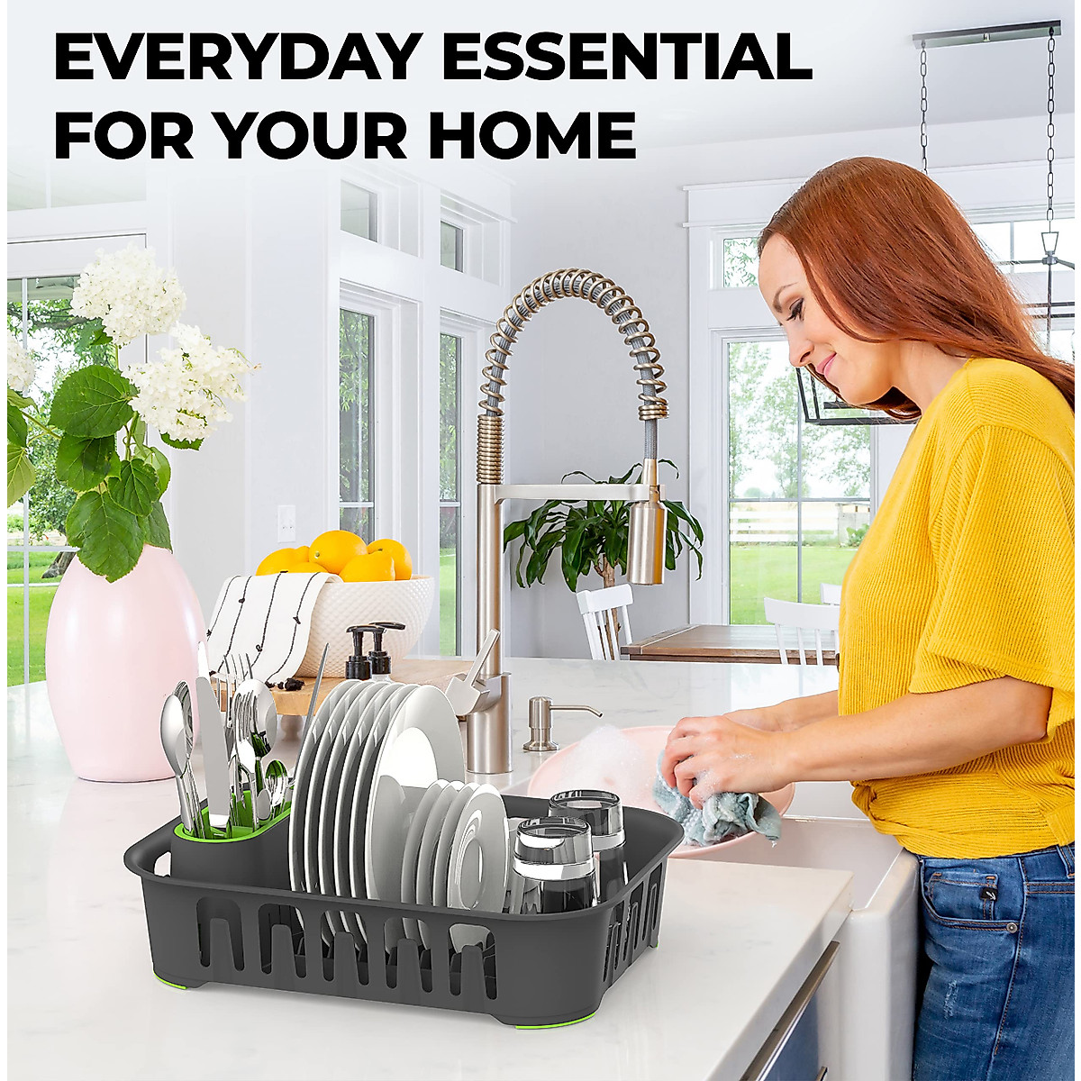 Mueller Dish Drying Rack, Dish Rack with Utensil Holder, Utensil Rack, Dish Drainer for Kitchen Countertop, Sink, European Made, 15" x 11" x 4", Gray/Green