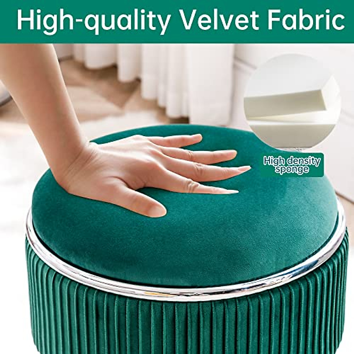 Round Storage Vanity Stool, 360°Swivel Height Adjustable Stool Chair, Emerald Vanity Stool Chair for Makeup Room, Velvet Stool for Vanity With Storage, Vanity Ottoman Chair for Bathroom Living Room