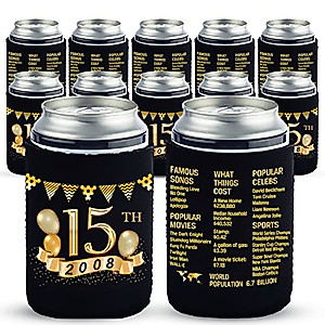 Yangmics 15th Birthday Can Cooler Sleeves Pack of 12-15th Anniversary Decorations- 2008 Sign - 15th Birthday Party Supplies - Black and Gold the fifteenth Birthday Cup Coolers