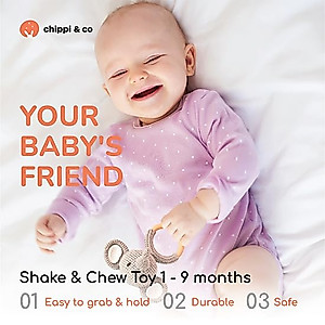 Chippi & Co Wooden Crochet Baby Rattle, Crochet Toys Stuffed Animals Easter Gifts for Kids, Wooden Newborn Toys, Easter Basket Stuffers, Basket Filler, Baby Shower Decor (Eddy The Elephant)