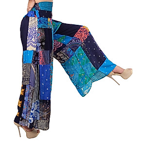 LOFBAZ Women's Patchwork Wide Leg Palazzo Pants Yoga Lounge Hippie Harem Flowy Trousers Juniors Ladies Travel Cover Up Beachwear Patchwork Blue 2XL